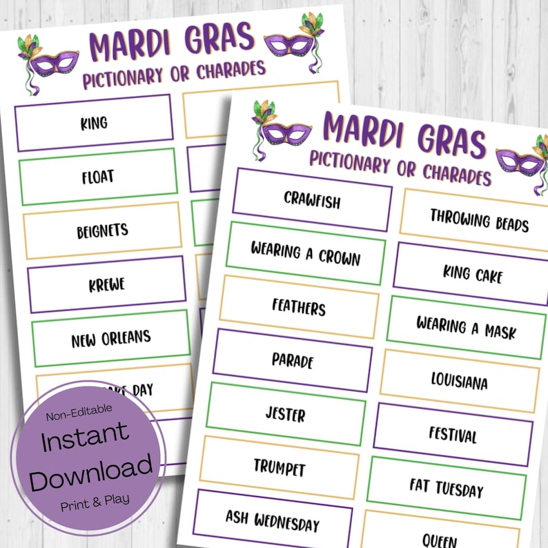 INSTANT DOWNLOAD Mardi Gras Pictionary Game Printable - Holiday Game ...
