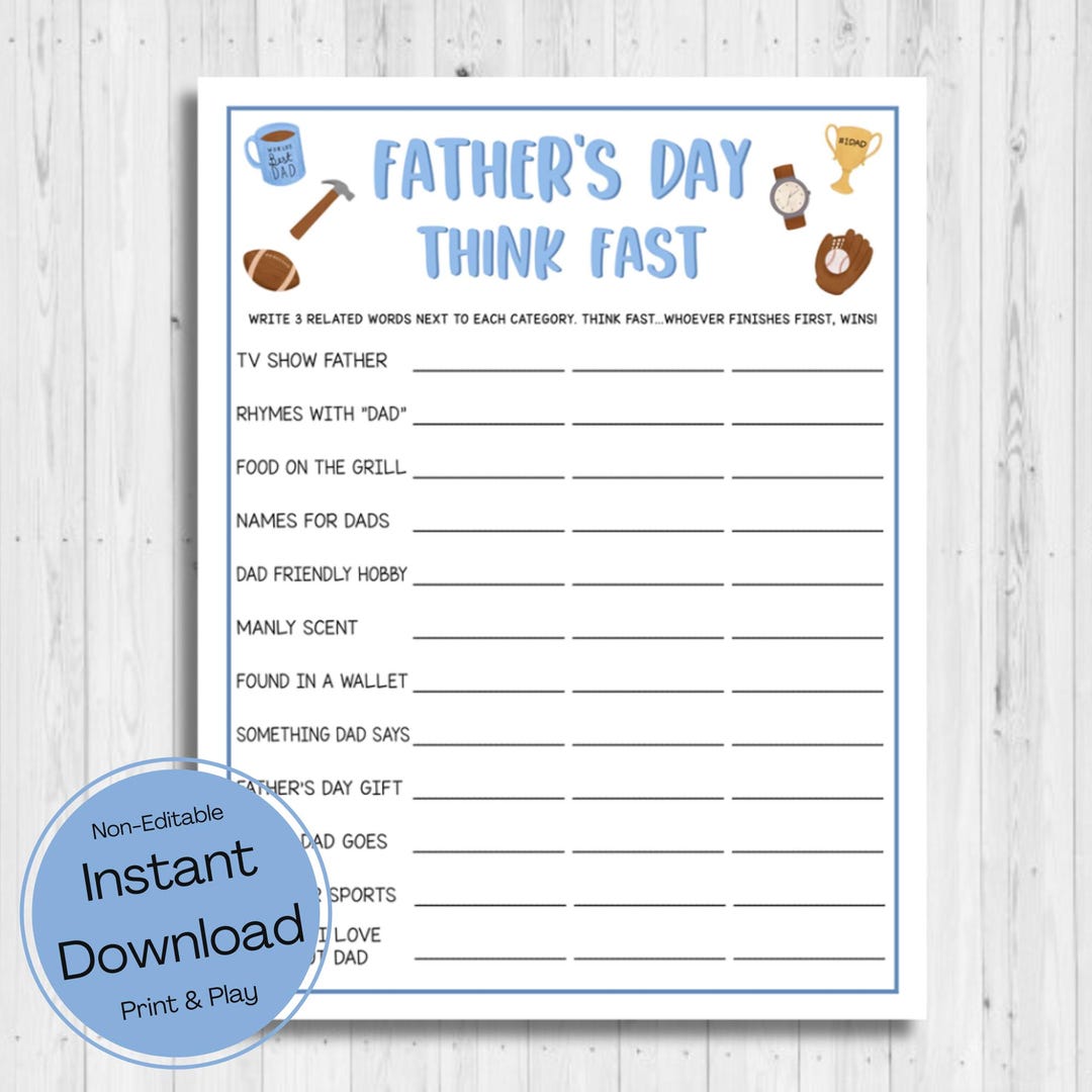 INSTANT DOWNLOAD Father's Day Think Fast Game Printable - Father's Day ...