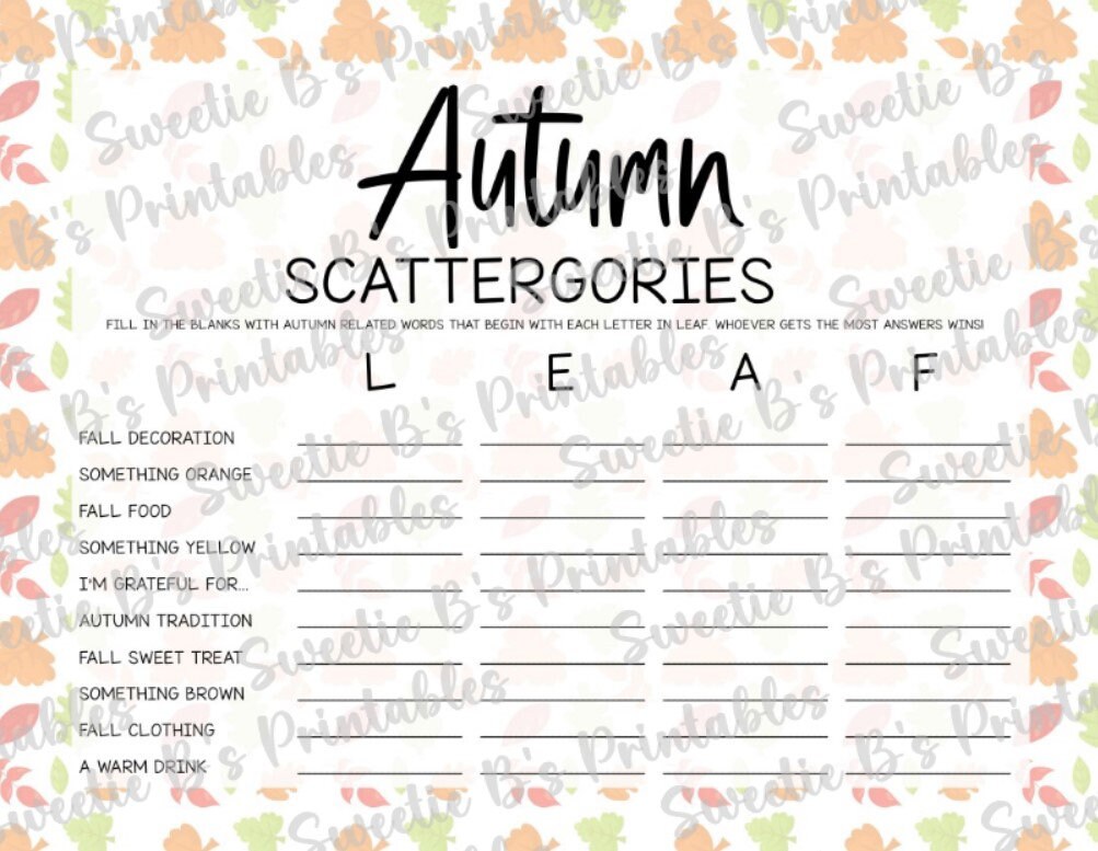 INSTANT DOWNLOAD Autumn Scattergories Printable Game - Autumn Game ...