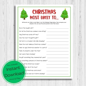 INSTANT DOWNLOAD Christmas Most Likely to Printable - Holiday Game ...