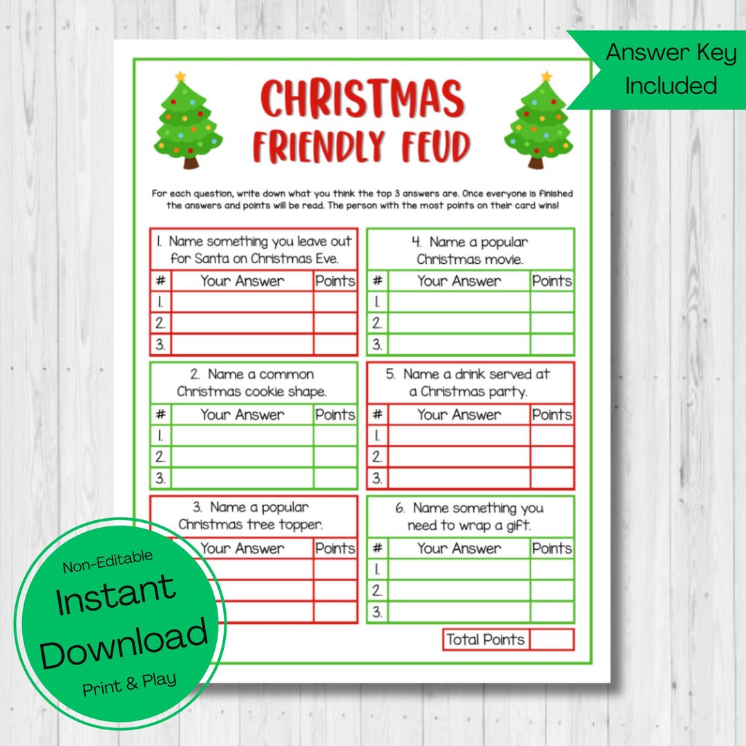 INSTANT DOWNLOAD Christmas Friendly Feud Game Printable - Holiday Game ...