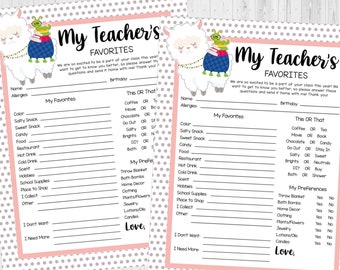 Get to Know the Teacher Questionnaire, Teacher Favorite Things, Back to ...