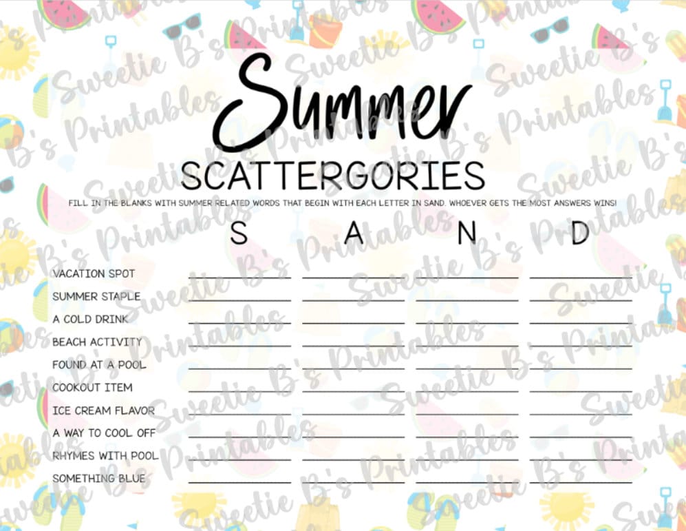 INSTANT DOWNLOAD Summer Scattergories Printable Game Summer Game ...