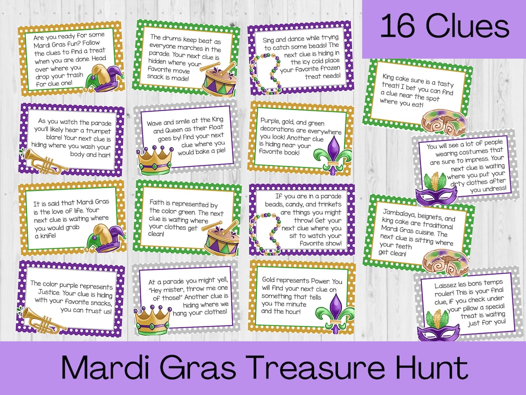INSTANT DOWNLOAD Mardi Gras Treasure Hunt Printable - Mardi Gras Game ...