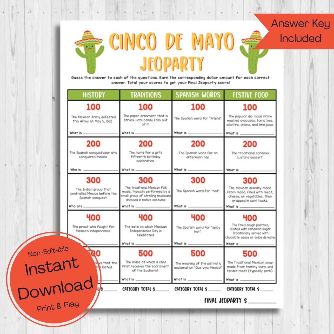 INSTANT DOWNLOAD Cinco De Mayo Jeoparty Game Printable - Cinco De Mayo ...