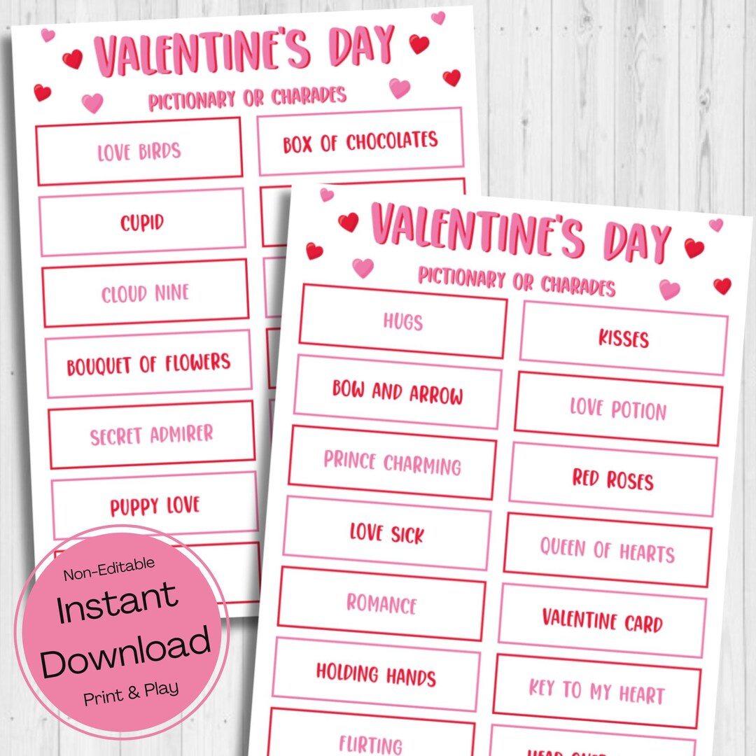 INSTANT DOWNLOAD Valentine's Day Pictionary or Charades Printable ...