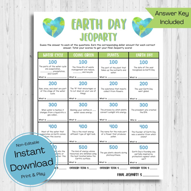 INSTANT DOWNLOAD Earth Day Jeoparty Game Printable - Earth Day Game ...