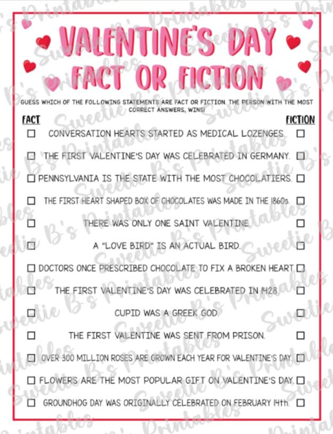 INSTANT DOWNLOAD Valentine's Day Fact or Fiction Game Printable ...