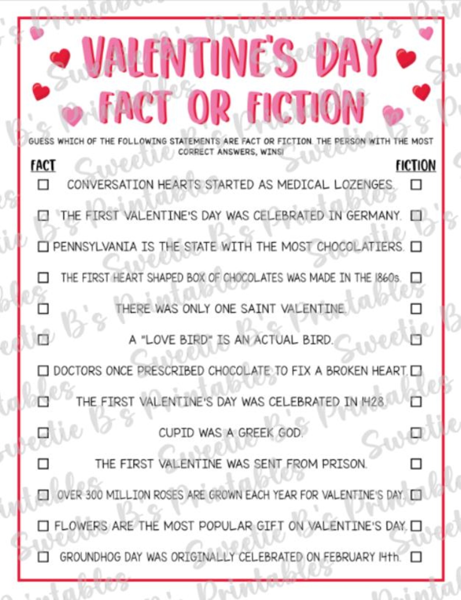 INSTANT DOWNLOAD Valentine's Day Fact or Fiction Game Printable ...