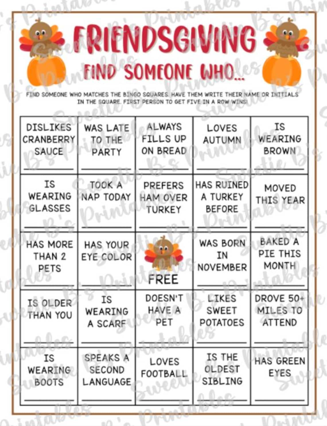 INSTANT DOWNLOAD Friendsgiving Mix & Mingle Bingo Printable - Autumn Game Printable - - Fall Ice ...