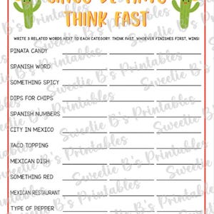 INSTANT DOWNLOAD Cinco De Mayo Think Fast Game Printable - Fiesta Game ...