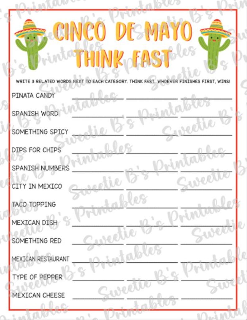 INSTANT DOWNLOAD Cinco De Mayo Think Fast Game Printable - Fiesta Game ...