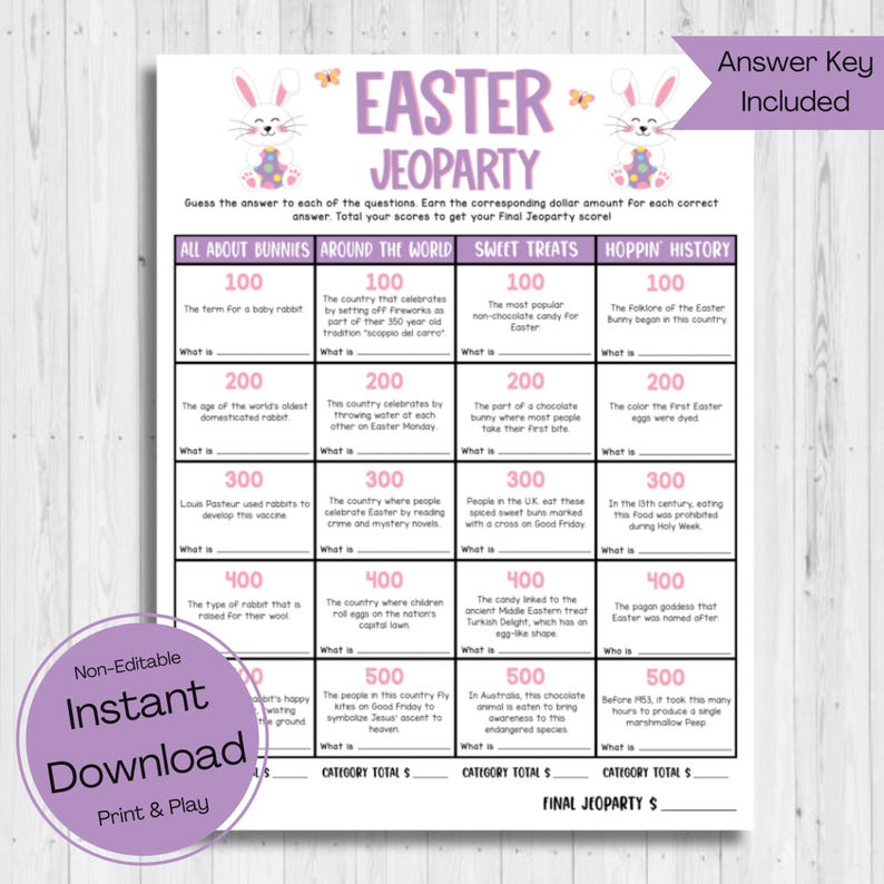 INSTANT DOWNLOAD Easter Jeoparty Game Printable - Easter Trivia Game ...