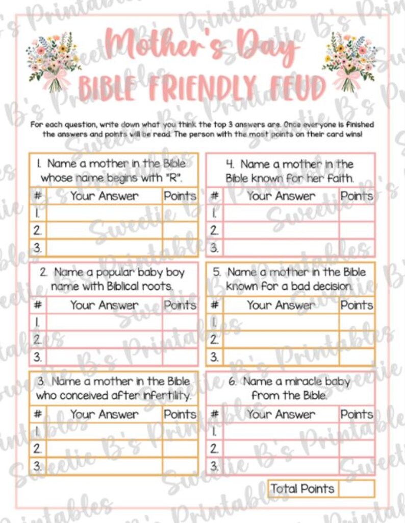INSTANT DOWNLOAD Mother's Day Bible Friendly Feud Game Printable ...