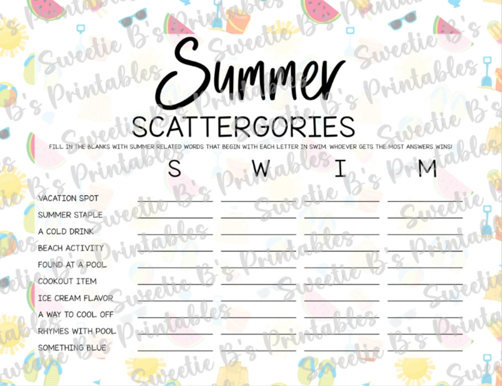 INSTANT DOWNLOAD Summer Scattergories Printable Game Summer Game ...