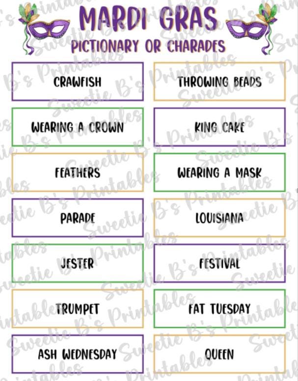 INSTANT DOWNLOAD Mardi Gras Pictionary Game Printable - Holiday Game ...
