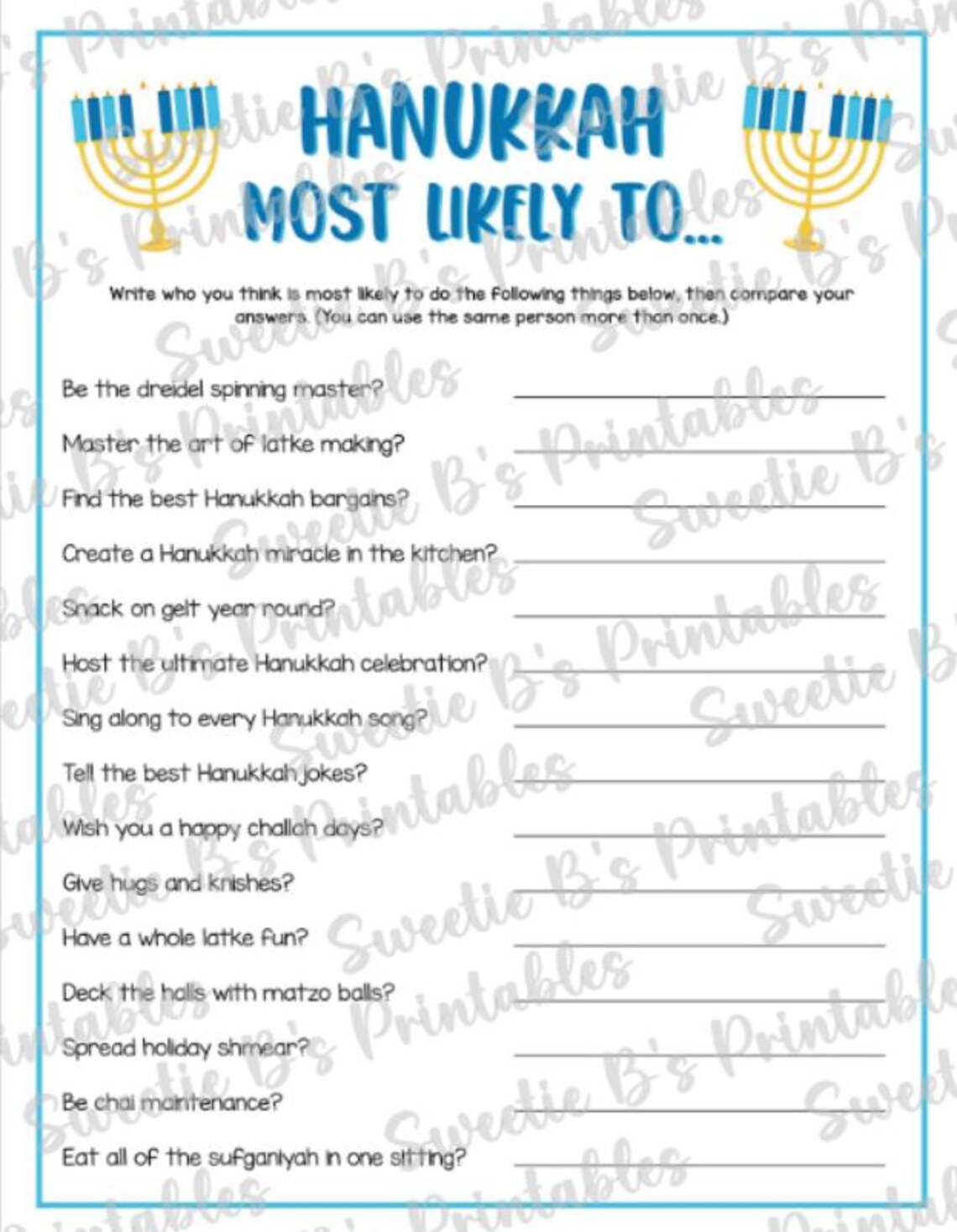 INSTANT DOWNLOAD Hanukkah Most Likely to Printable - Holiday Game ...