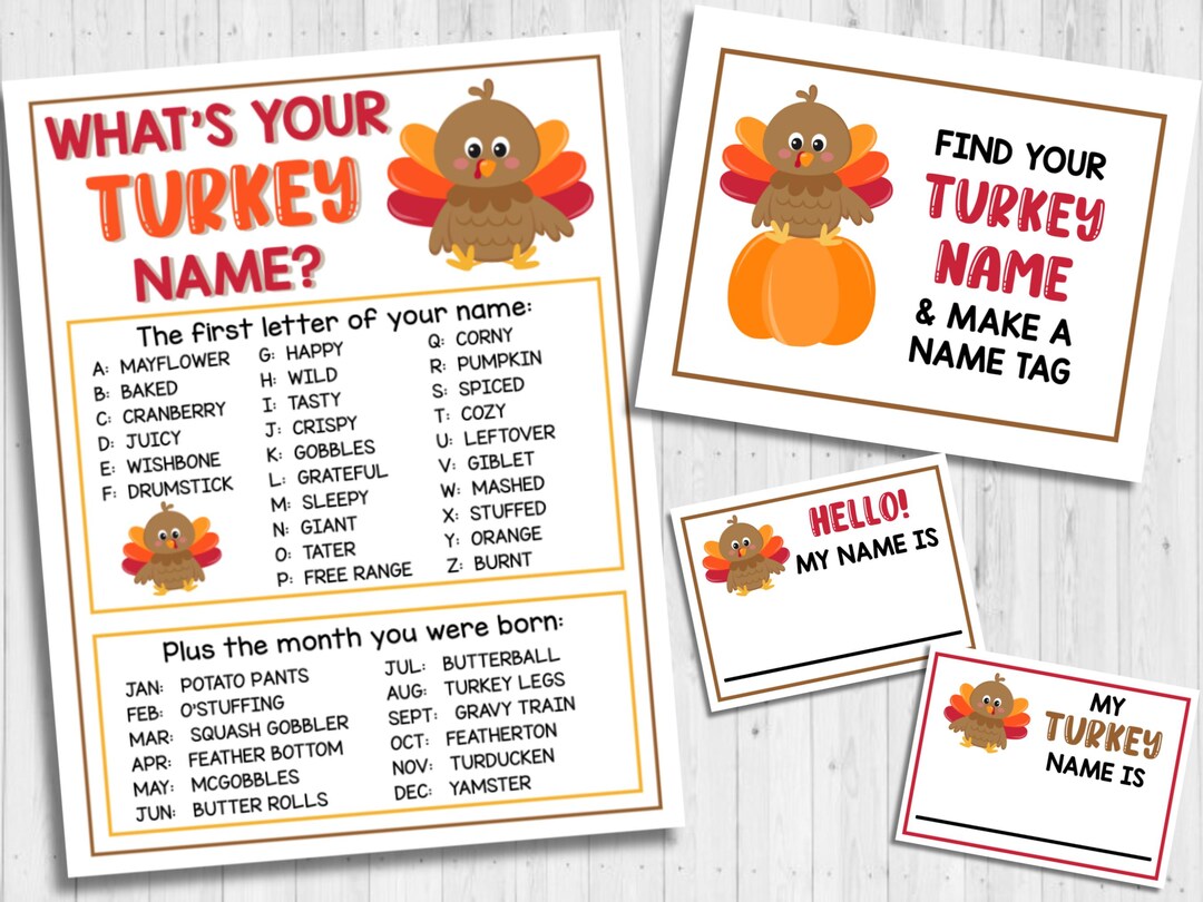 INSTANT DOWNLOAD What's Your Turkey Name Printable - Autumn Party Game ...