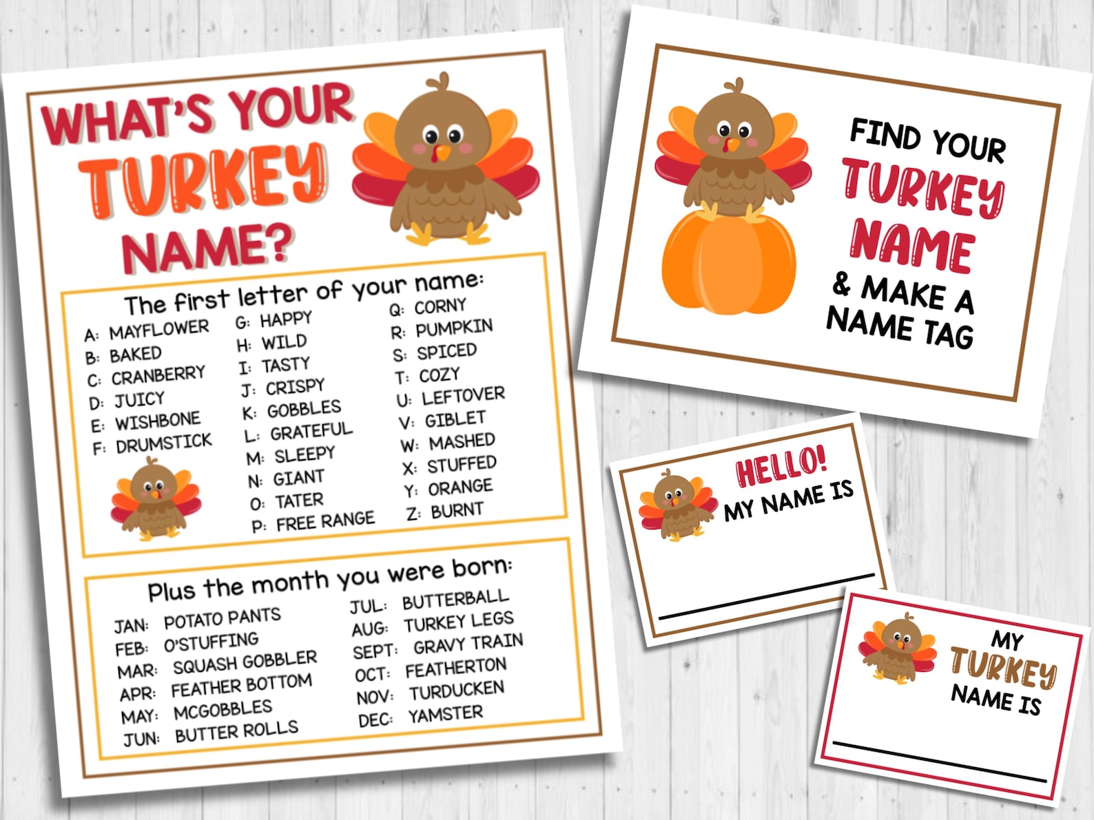 INSTANT DOWNLOAD What's Your Turkey Name Printable - Autumn Party Game ...