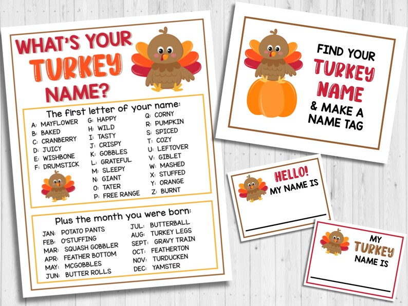 INSTANT DOWNLOAD What's Your Turkey Name Printable - Autumn Party Game ...