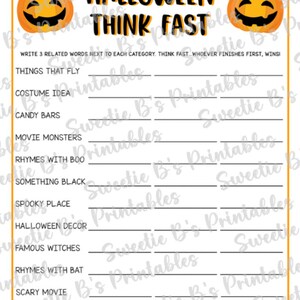 INSTANT DOWNLOAD Halloween Think Fast Game Printable - Autumn Game ...