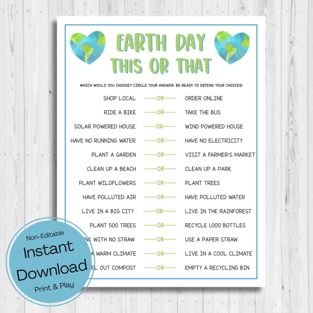 INSTANT DOWNLOAD Earth Day This or That Game Printable - Earth Day ...