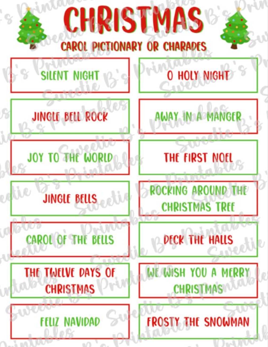 INSTANT DOWNLOAD Christmas Carol Pictionary or Charades Printable ...