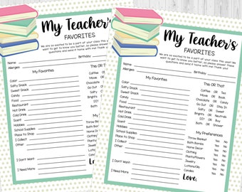 Get to Know the Teacher Questionnaire, Teacher Favorite Things, Back to ...