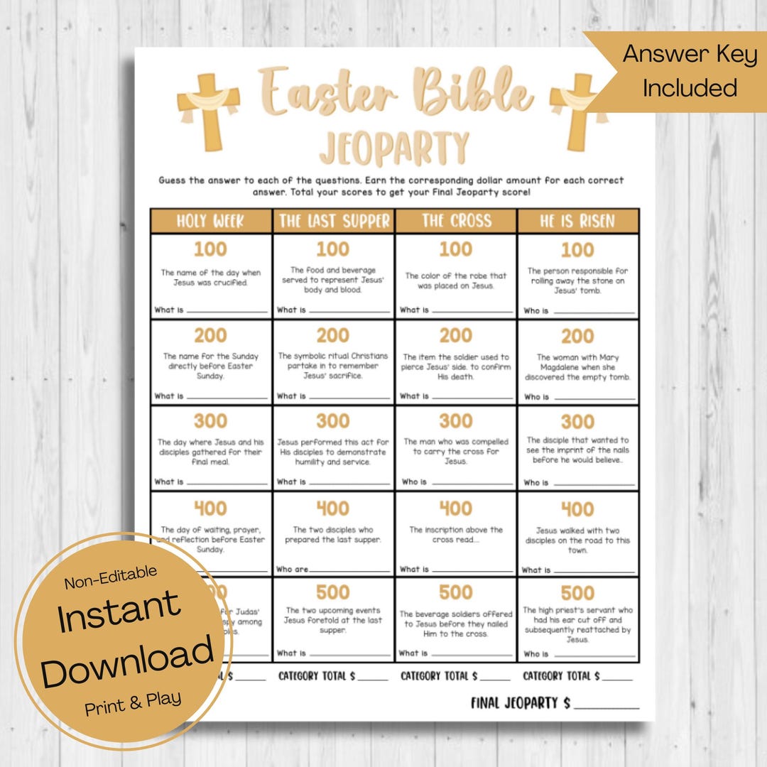 INSTANT DOWNLOAD Easter Bible Story Jeoparty Game Printable - Holy Week ...