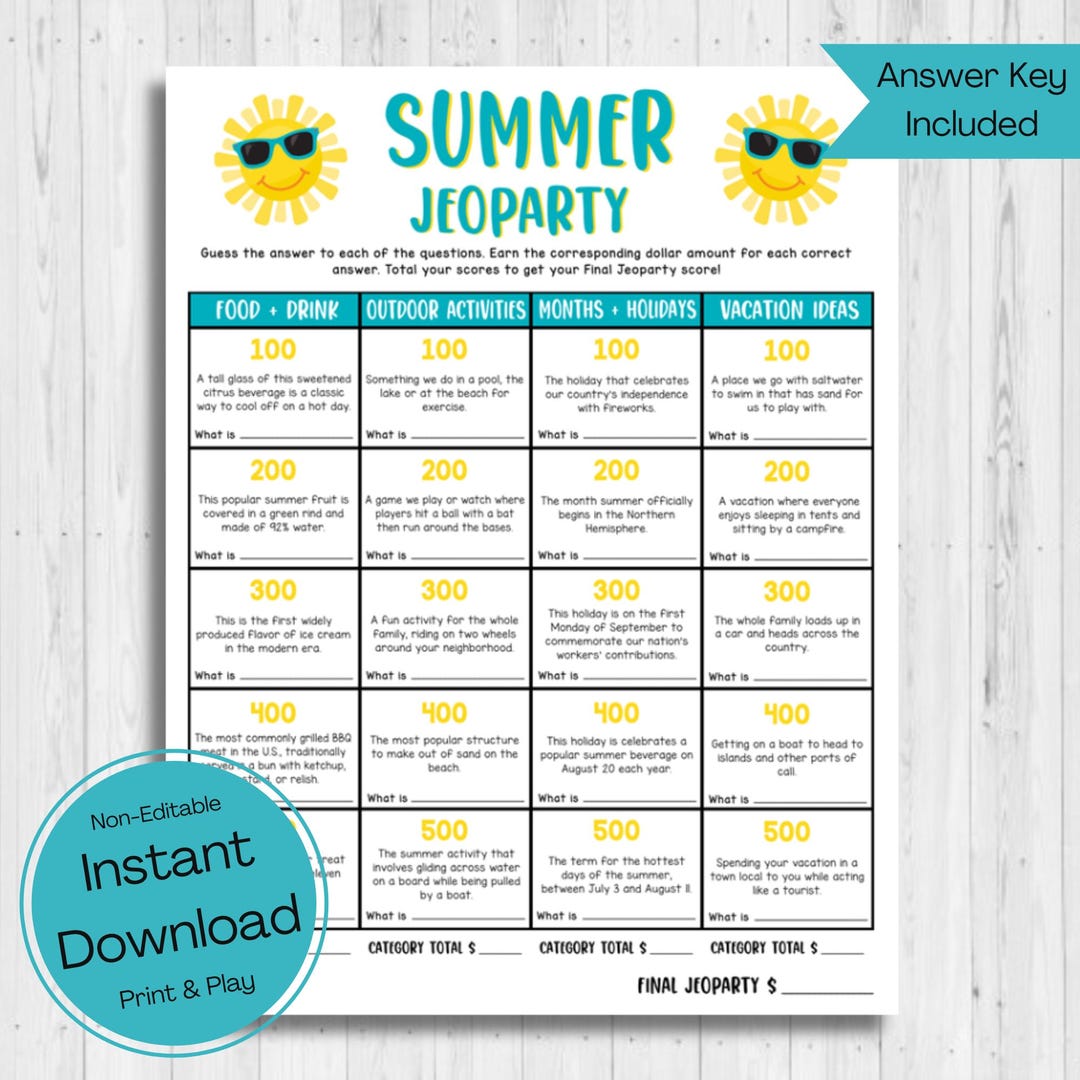 INSTANT DOWNLOAD Summer Jeoparty Game Printable - Summer Game Printable ...