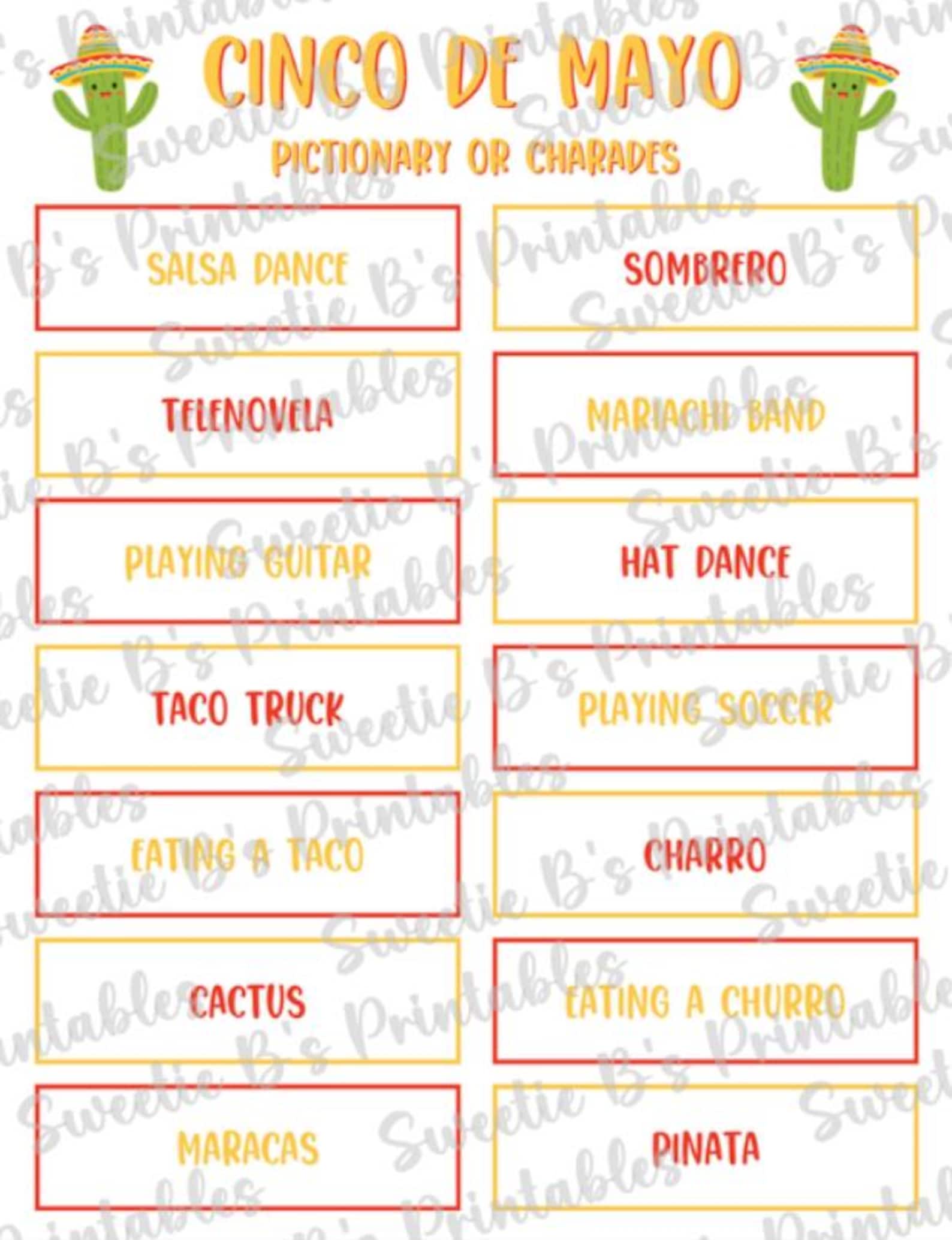 INSTANT DOWNLOAD Cinco De Mayo Pictionary or Charades Printable - Cinco ...