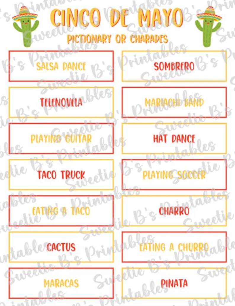 INSTANT DOWNLOAD Cinco De Mayo Pictionary or Charades Printable - Cinco ...