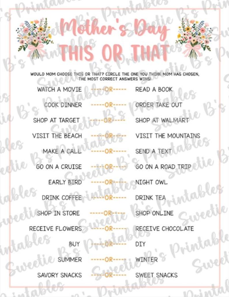 INSTANT DOWNLOAD Mother's Day This or That Game Printable - Mother's ...