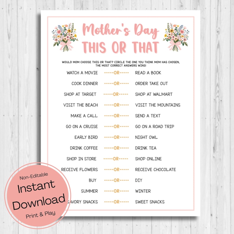 INSTANT DOWNLOAD Mother's Day This or That Game Printable - Mother's ...