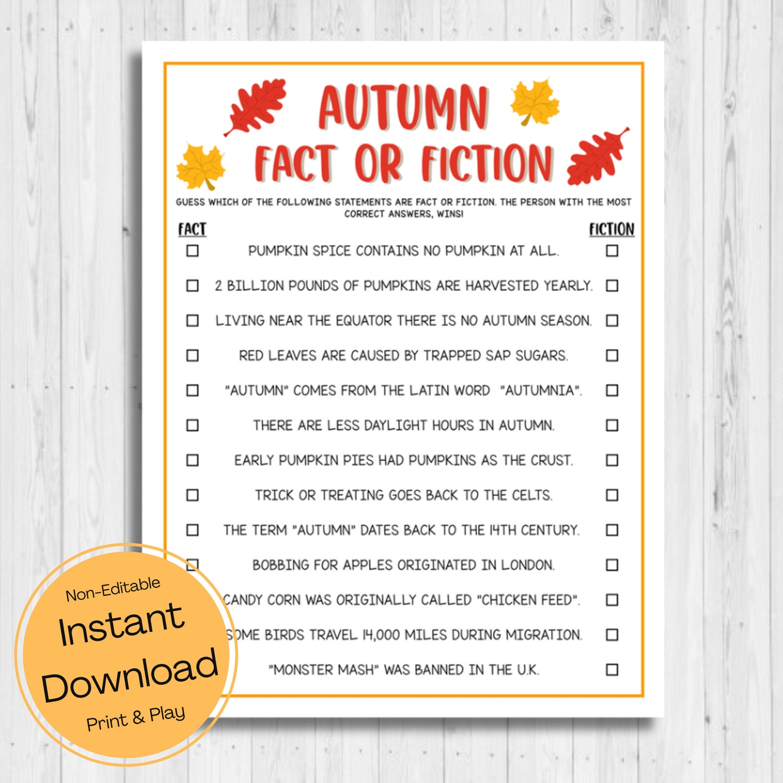 INSTANT DOWNLOAD Autumn Fact or Fiction Game Printable - Autumn Game ...