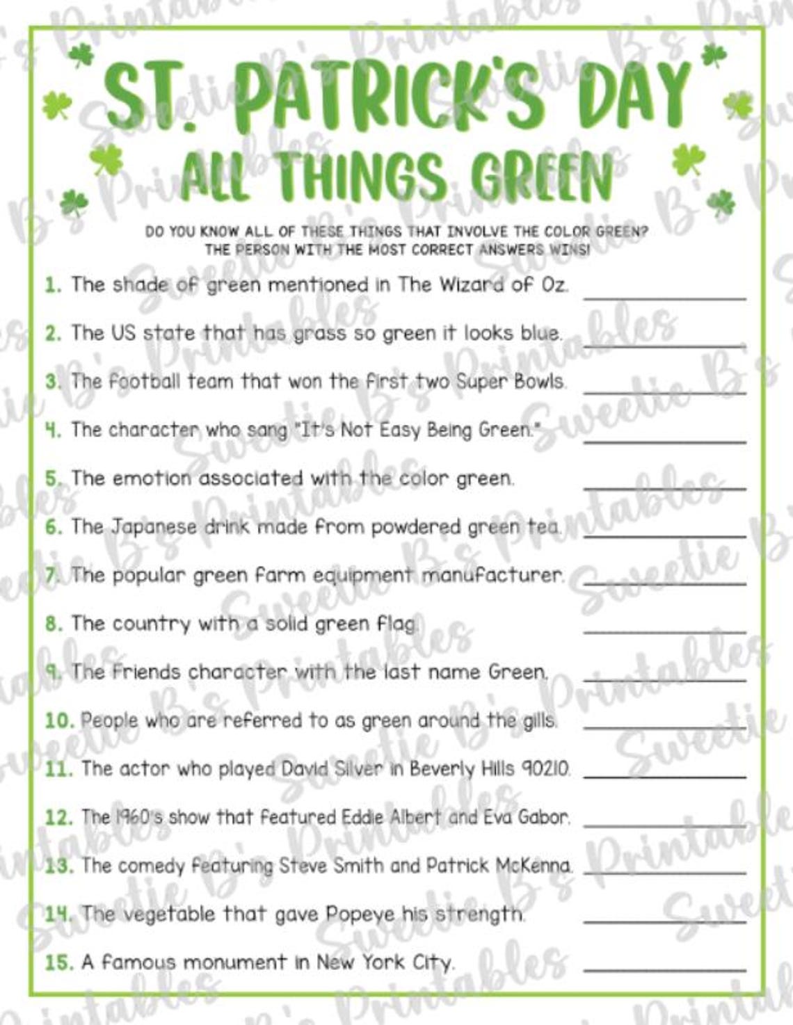 INSTANT DOWNLOAD St Patrick's Day Trivia Game Printable - St Paddy's ...