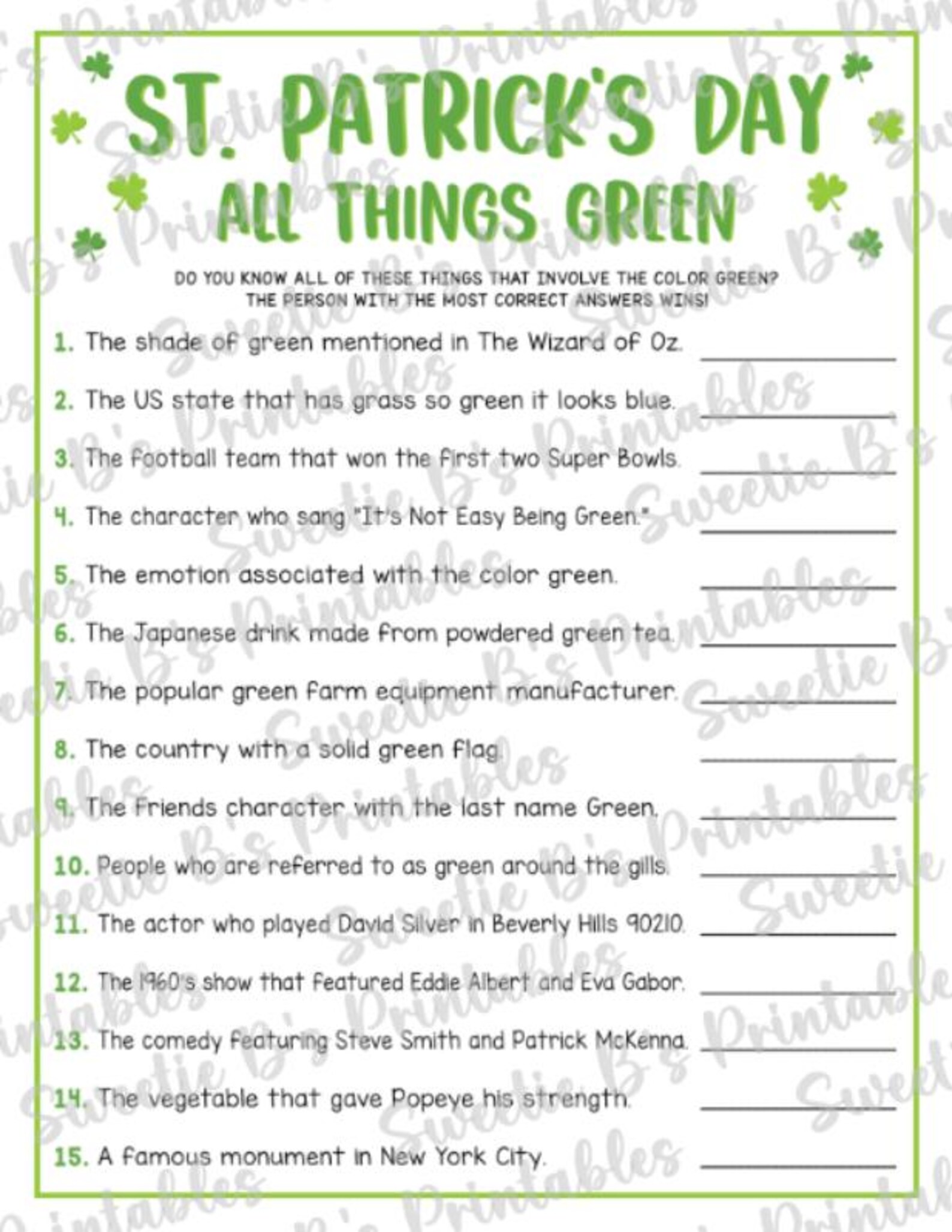 INSTANT DOWNLOAD St Patrick's Day Trivia Game Printable - St Paddy's ...