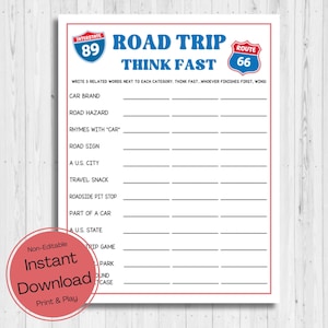 INSTANT DOWNLOAD Road Trip Think Fast Game Printable - Road Trip ...