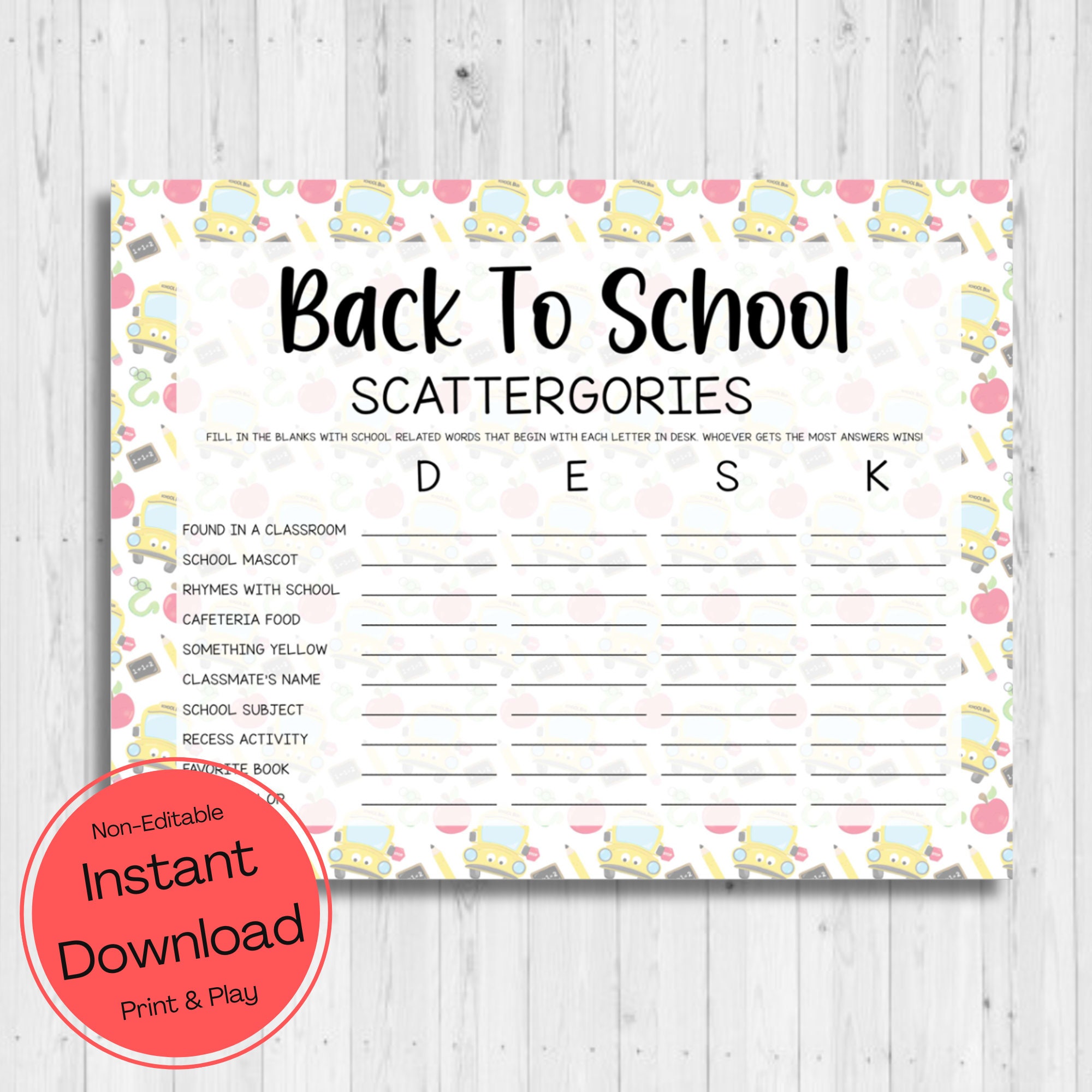 INSTANT DOWNLOAD Back to School Scattergories Printable Game - Back to ...