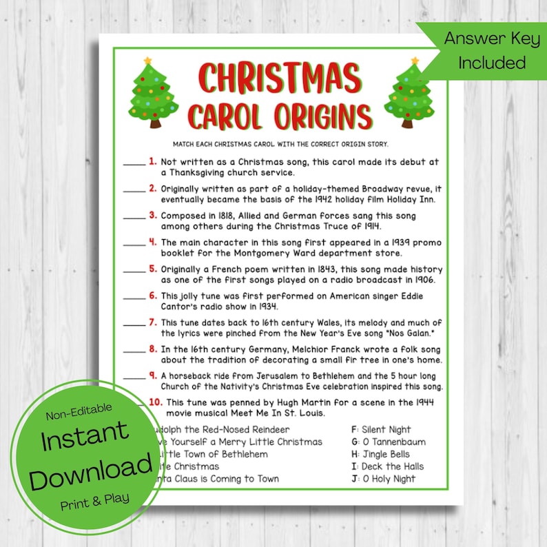 INSTANT DOWNLOAD Christmas Carol Origin Trivia Game - Holiday Game ...
