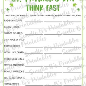 INSTANT DOWNLOAD St Patrick's Day Think Fast Game Printable - St ...