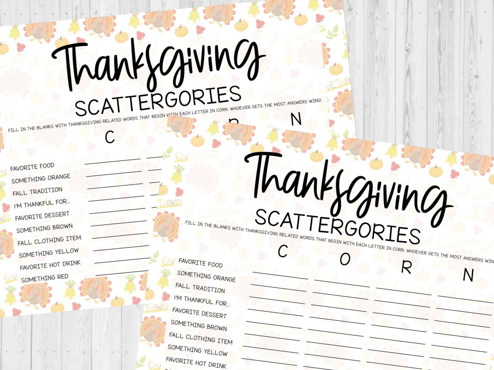 INSTANT DOWNLOAD Thanksgiving Scattergories Printable Game ...