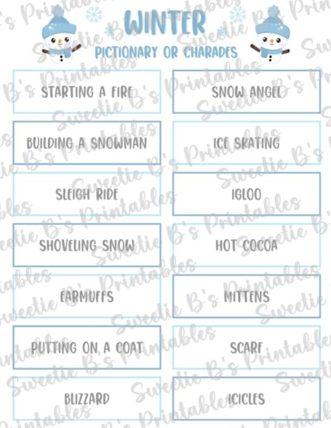 INSTANT DOWNLOAD Winter Pictionary or Charades Printable - Holiday Game ...