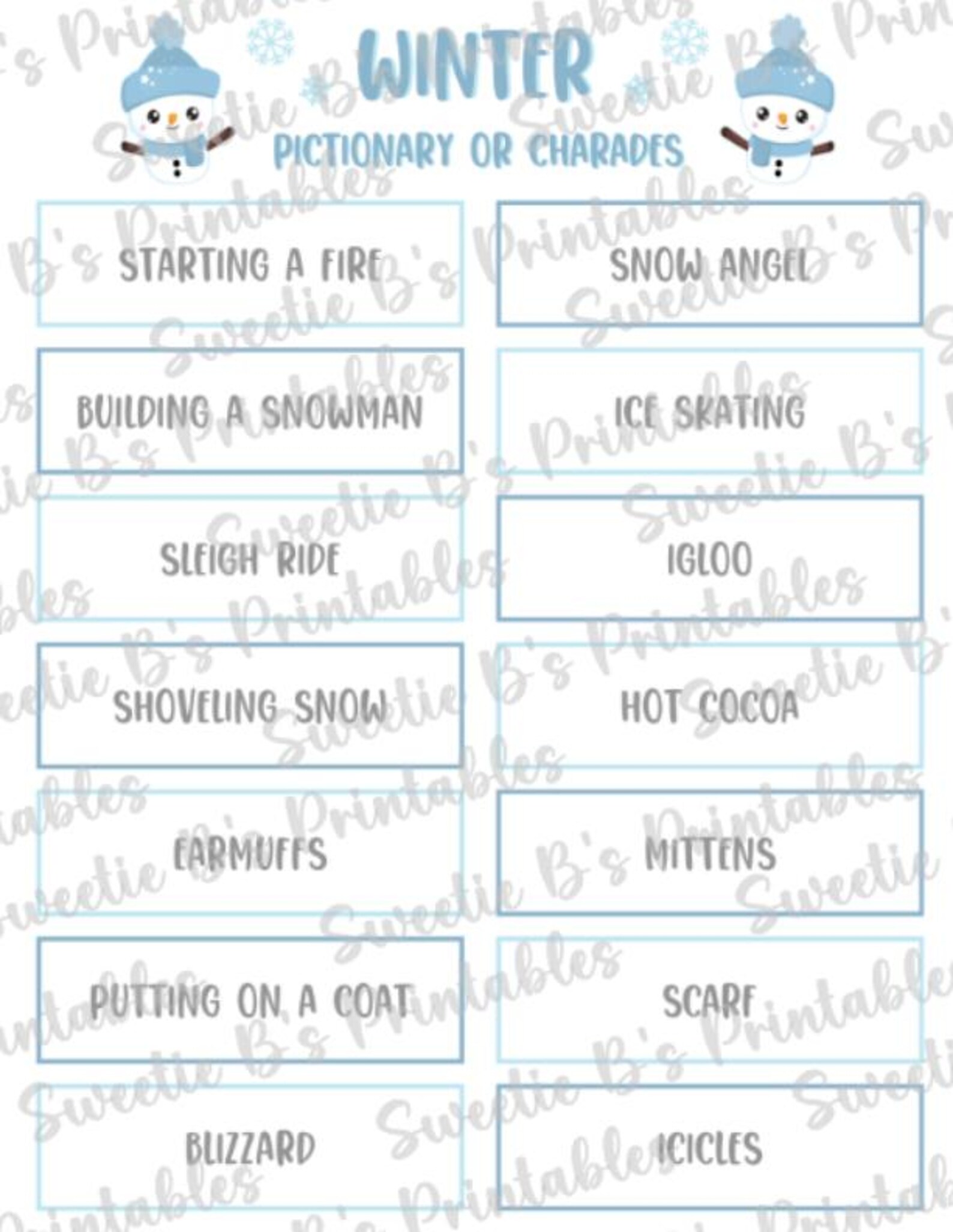 INSTANT DOWNLOAD Winter Pictionary or Charades Printable - Holiday Game ...