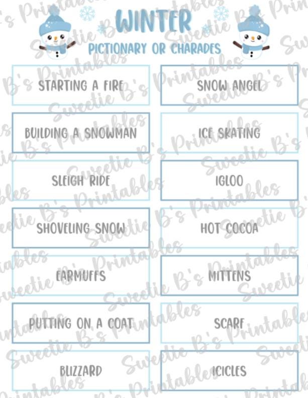 INSTANT DOWNLOAD Winter Pictionary or Charades Printable - Holiday Game ...