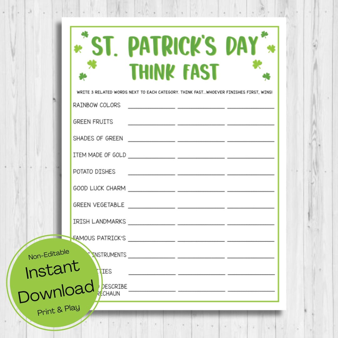 INSTANT DOWNLOAD St Patrick's Day Think Fast Game Printable - St ...
