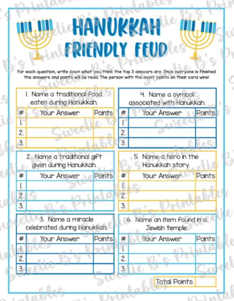 INSTANT DOWNLOAD Hanukkah Friendly Feud Game Printable - Holiday Game ...