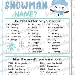 INSTANT DOWNLOAD What's Your Snowman Name Printable - Holiday Party ...