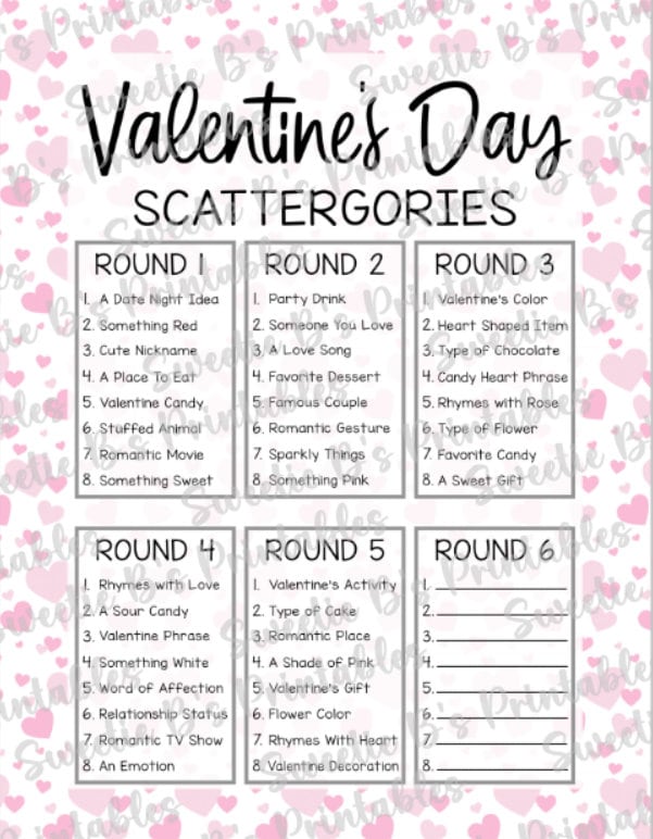 INSTANT DOWNLOAD Valetine's Day Scattergories Printable Game ...