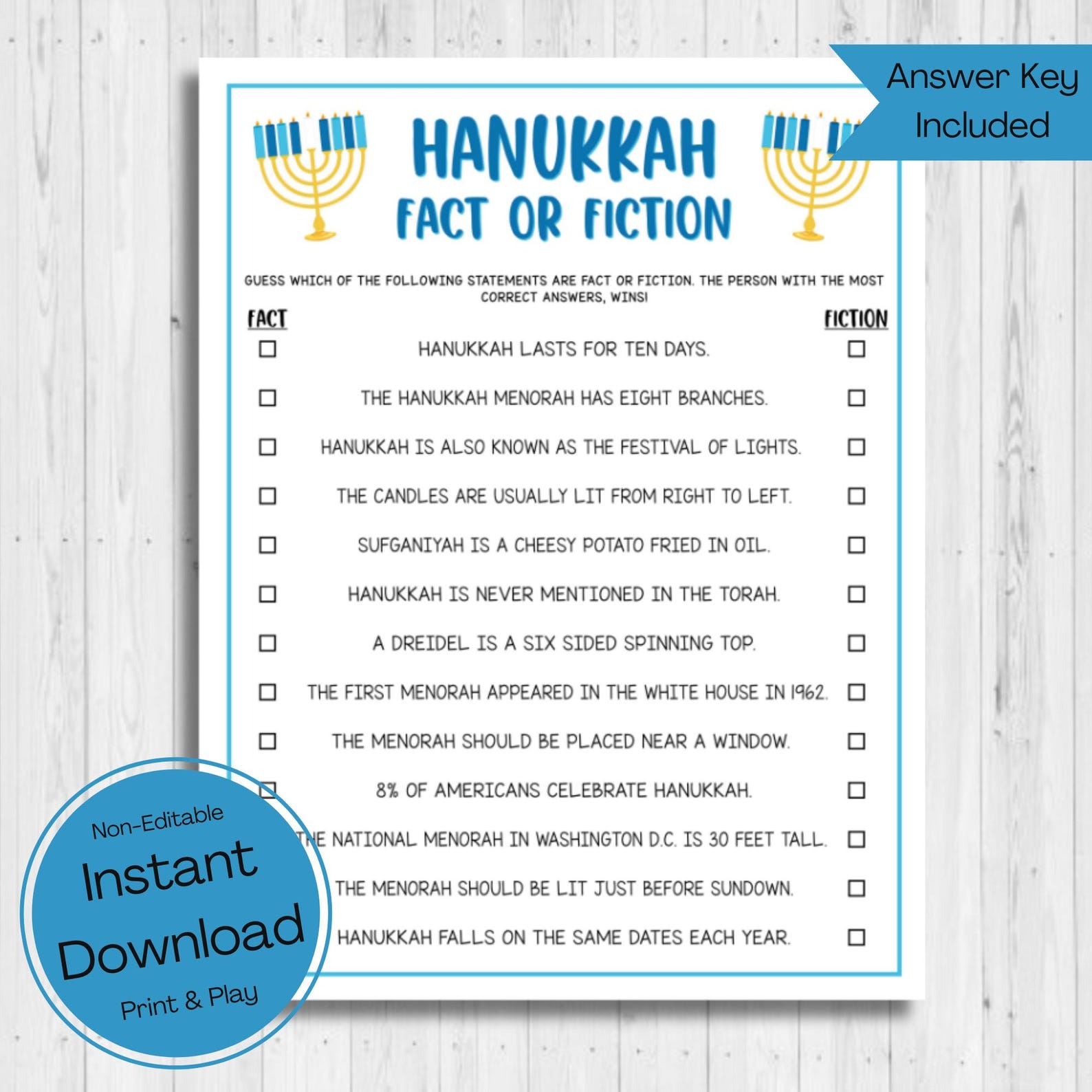 INSTANT DOWNLOAD Hanukkah Fact or Fiction Game Printable - Holiday Game ...